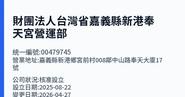 財團法人台灣省嘉義縣新港奉天宮營運部的照片-統編 00479745(嘉義縣) 公司登記資料與營業項目詳細圖表