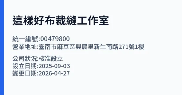 這樣好布裁縫工作室的照片-統編 00479800(臺南市) 公司登記資料與營業項目詳細圖表