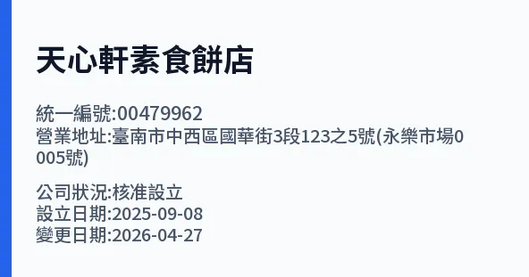 天心軒素食餅店的照片-統編 00479962(臺南市) 公司登記資料與營業項目詳細圖表