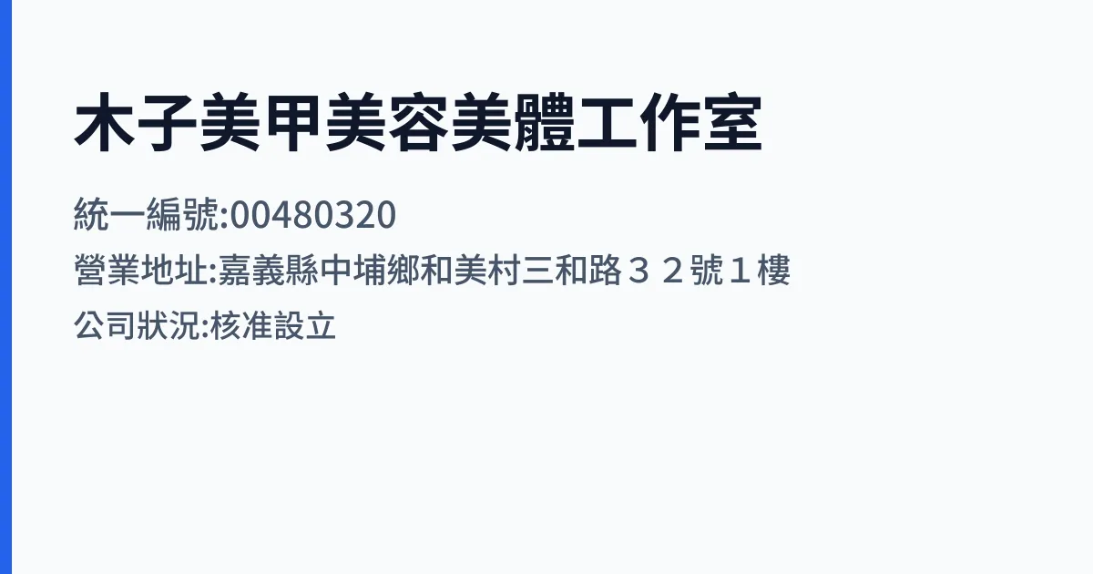 木子美甲美容美體工作室 - 統編 00480320(嘉義縣) 公司登記資料與營業項目詳細圖表