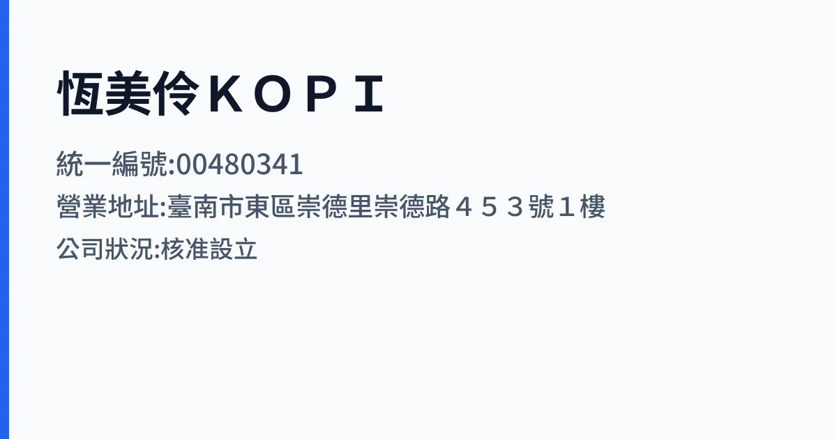恆美伶KOPI - 統編 00480341(臺南市) 公司登記資料與營業項目詳細圖表