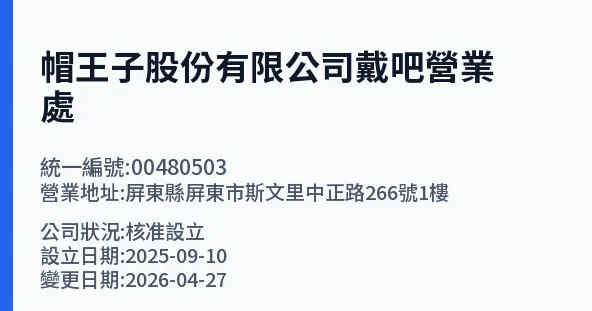 帽王子股份有限公司戴吧營業處的照片-統編 00480503(屏東縣) 公司登記資料與營業項目詳細圖表