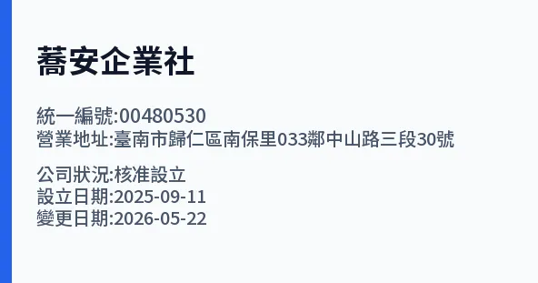 蕎安企業社的照片-統編 00480530(臺南市) 公司登記資料與營業項目詳細圖表