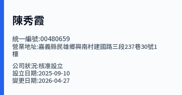 陳秀霞的照片-統編 00480659(嘉義縣) 公司登記資料與營業項目詳細圖表