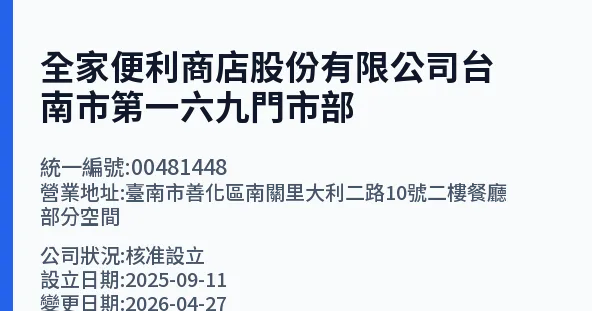全家便利商店股份有限公司台南市第一六九門市部的照片-統編 00481448(臺南市) 公司登記資料與營業項目詳細圖表