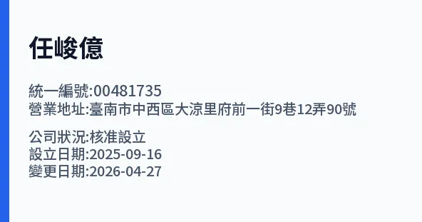 任峻億的照片-統編 00481735(臺南市) 公司登記資料與營業項目詳細圖表