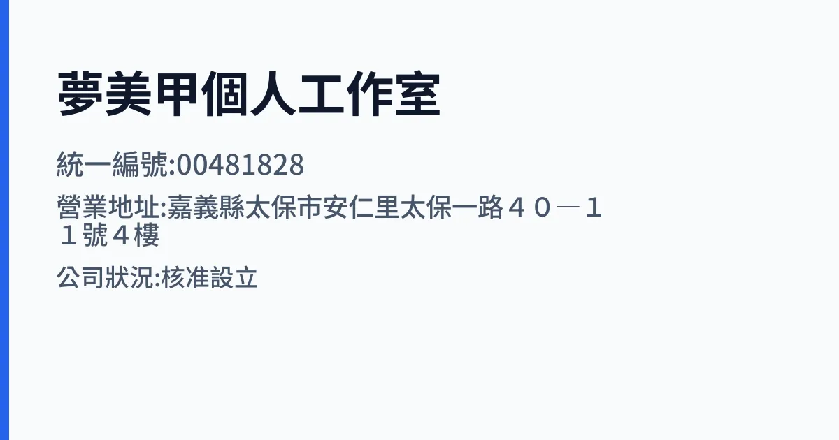 夢美甲個人工作室 - 統編 00481828(嘉義縣) 公司登記資料與營業項目詳細圖表