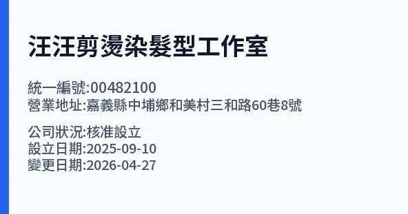 汪汪剪燙染髮型工作室的照片-統編 00482100(嘉義縣) 公司登記資料與營業項目詳細圖表