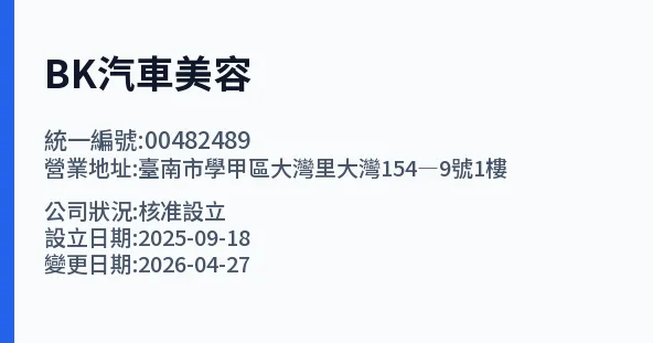 BK汽車美容的照片-統編 00482489(臺南市) 公司登記資料與營業項目詳細圖表