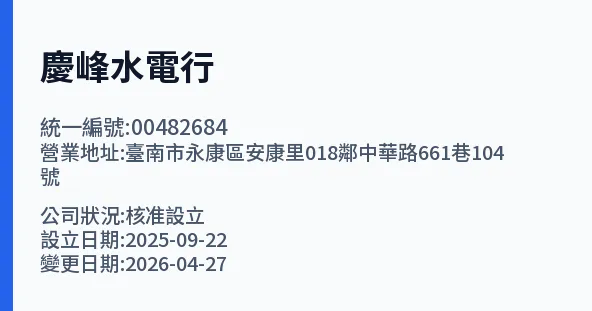慶峰水電行的照片-統編 00482684(臺南市) 公司登記資料與營業項目詳細圖表