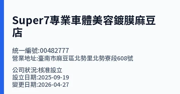 Super7專業車體美容鍍膜麻豆店的照片-統編 00482777(臺南市) 公司登記資料與營業項目詳細圖表