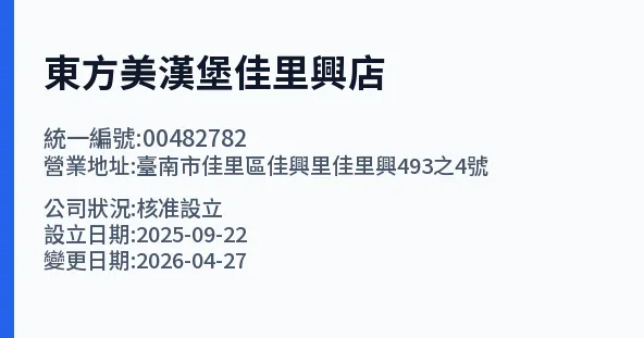 東方美漢堡佳里興店的照片-統編 00482782(臺南市) 公司登記資料與營業項目詳細圖表