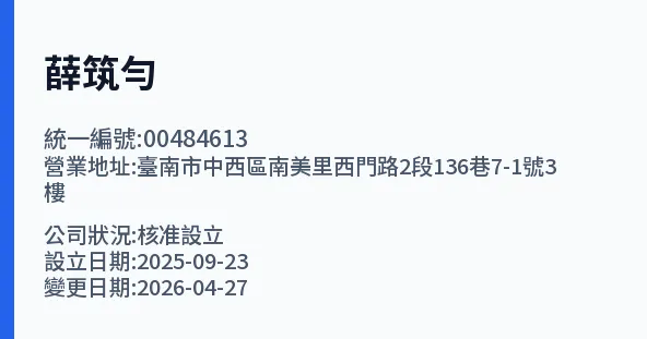 薛筑勻的照片-統編 00484613(臺南市) 公司登記資料與營業項目詳細圖表