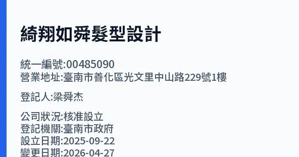 綺翔如舜髮型設計的照片-統編 00485090(臺南市) 公司登記資料與營業項目詳細圖表