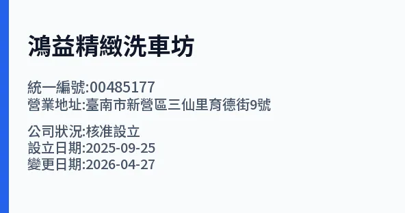 鴻益精緻洗車坊的照片-統編 00485177(臺南市) 公司登記資料與營業項目詳細圖表