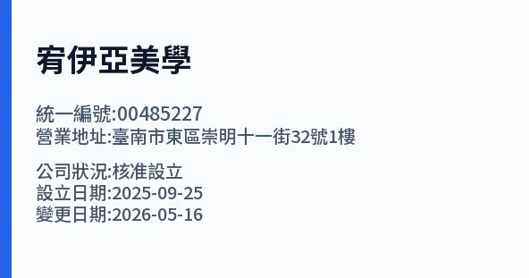 宥伊亞美學的照片-統編 00485227(臺南市) 公司登記資料與營業項目詳細圖表