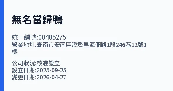 無名當歸鴨的照片-統編 00485275(臺南市) 公司登記資料與營業項目詳細圖表