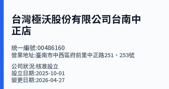 台灣極沃股份有限公司台南中正店的照片-統編 00486160(臺南市) 公司登記資料與營業項目詳細圖表