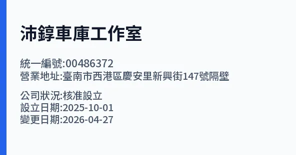 沛錞車庫工作室的照片-統編 00486372(臺南市) 公司登記資料與營業項目詳細圖表