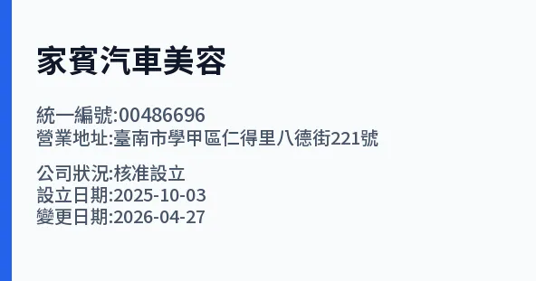 家賓汽車美容的照片-統編 00486696(臺南市) 公司登記資料與營業項目詳細圖表
