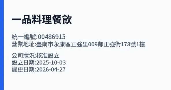 一品料理餐飲的照片-統編 00486915(臺南市) 公司登記資料與營業項目詳細圖表