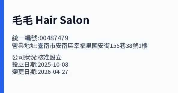 毛毛 Hair Salon的照片-統編 00487479(臺南市) 公司登記資料與營業項目詳細圖表