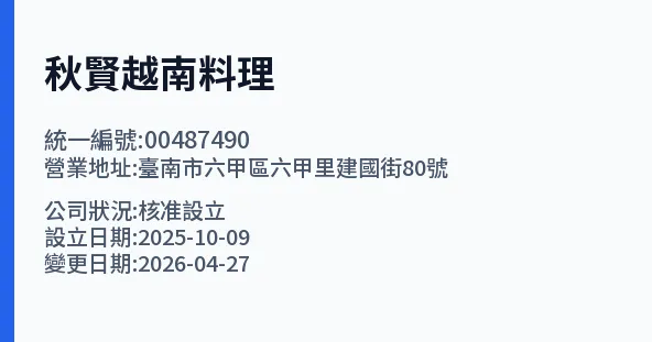 秋賢越南料理的照片-統編 00487490(臺南市) 公司登記資料與營業項目詳細圖表