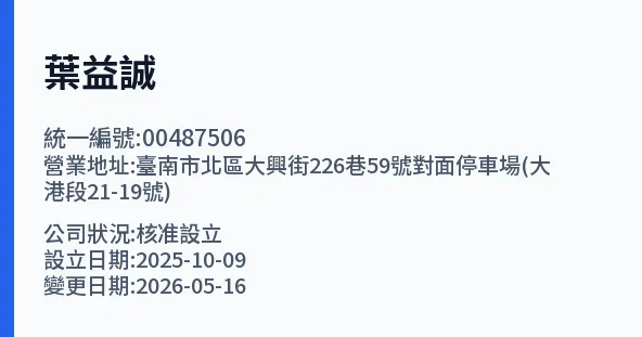 葉益誠的照片-統編 00487506(臺南市) 公司登記資料與營業項目詳細圖表