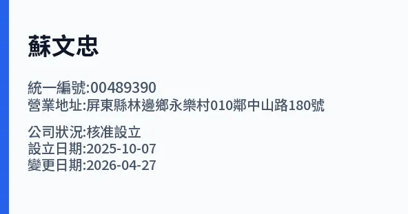 蘇文忠的照片-統編 00489390(屏東縣) 公司登記資料與營業項目詳細圖表