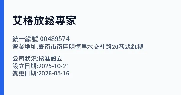 艾格放鬆專家的照片-統編 00489574(臺南市) 公司登記資料與營業項目詳細圖表