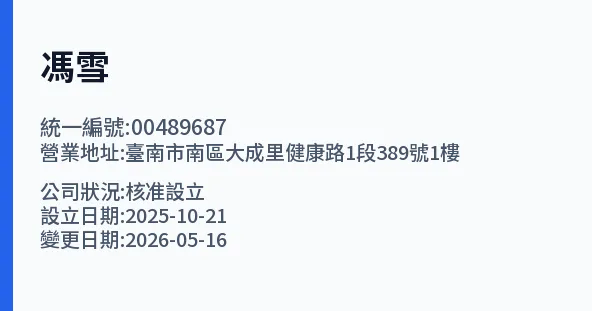 馮雪的照片-統編 00489687(臺南市) 公司登記資料與營業項目詳細圖表