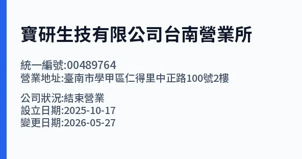 寶研生技有限公司台南營業所的照片-統編 00489764(臺南市) 公司登記資料與營業項目詳細圖表