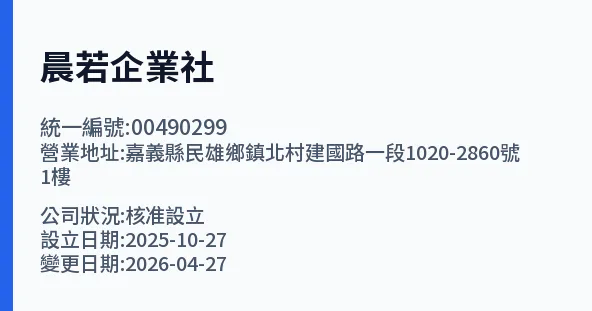 晨若企業社的照片-統編 00490299(嘉義縣) 公司登記資料與營業項目詳細圖表