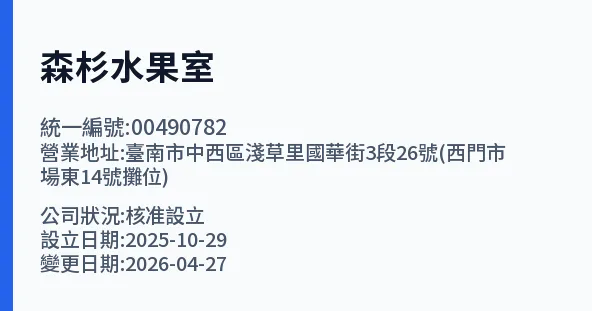 森杉水果室的照片-統編 00490782(臺南市) 公司登記資料與營業項目詳細圖表
