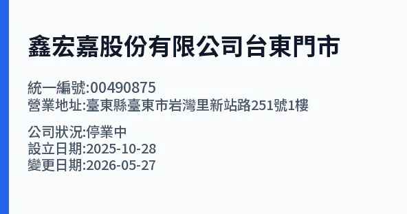 鑫宏嘉股份有限公司台東門市的照片-統編 00490875(臺東縣) 公司登記資料與營業項目詳細圖表