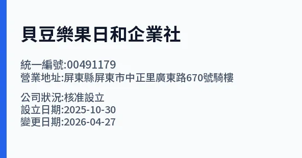 貝豆樂果日和企業社的照片-統編 00491179(屏東縣) 公司登記資料與營業項目詳細圖表