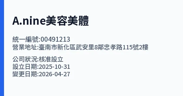 A.nine美容美體的照片-統編 00491213(臺南市) 公司登記資料與營業項目詳細圖表