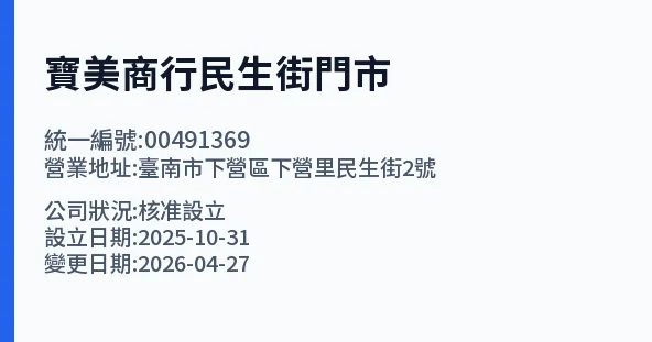 寶美商行民生街門市的照片-統編 00491369(臺南市) 公司登記資料與營業項目詳細圖表