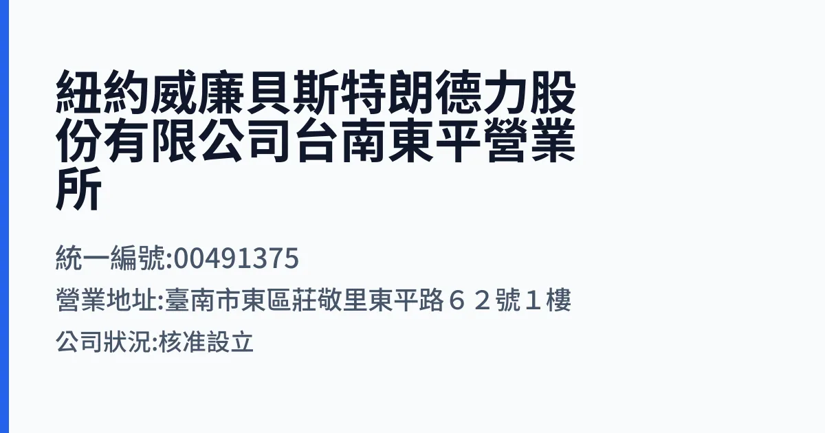 紐約威廉貝斯特朗德力股份有限公司台南東平營業所 - 統編 00491375(臺南市) 公司登記資料與營業項目詳細圖表