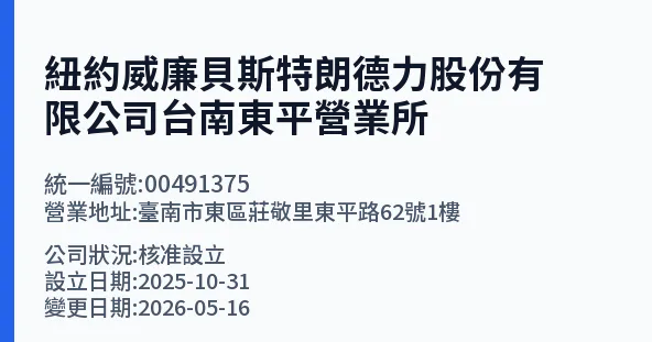 紐約威廉貝斯特朗德力股份有限公司台南東平營業所的照片-統編 00491375(臺南市) 公司登記資料與營業項目詳細圖表