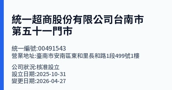 統一超商股份有限公司台南市第五十一門市的照片-統編 00491543(臺南市) 公司登記資料與營業項目詳細圖表
