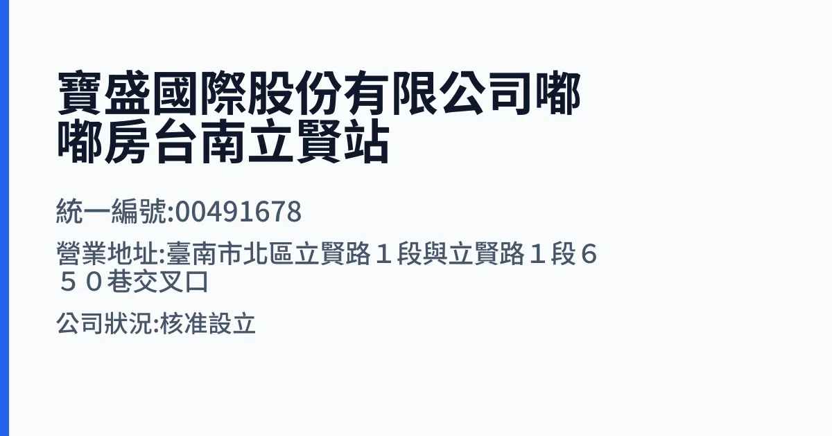 寶盛國際股份有限公司嘟嘟房台南立賢站 - 統編 00491678(臺南市) 公司登記資料與營業項目詳細圖表