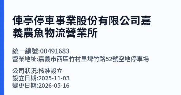 俥亭停車事業股份有限公司嘉義農魚物流營業所的照片-統編 00491683(嘉義市) 公司登記資料與營業項目詳細圖表