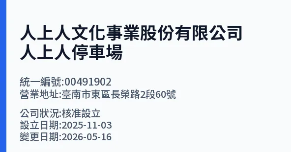 人上人文化事業股份有限公司人上人停車場的照片-統編 00491902(臺南市) 公司登記資料與營業項目詳細圖表