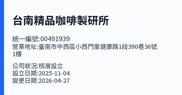 台南精品咖啡製研所的照片-統編 00491939(臺南市) 公司登記資料與營業項目詳細圖表