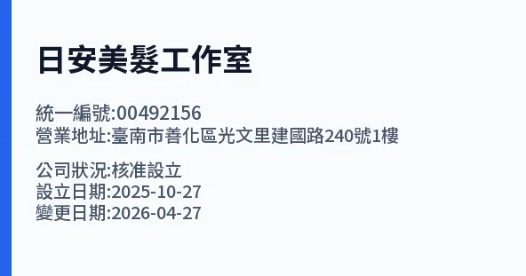 日安美髮工作室的照片-統編 00492156(臺南市) 公司登記資料與營業項目詳細圖表