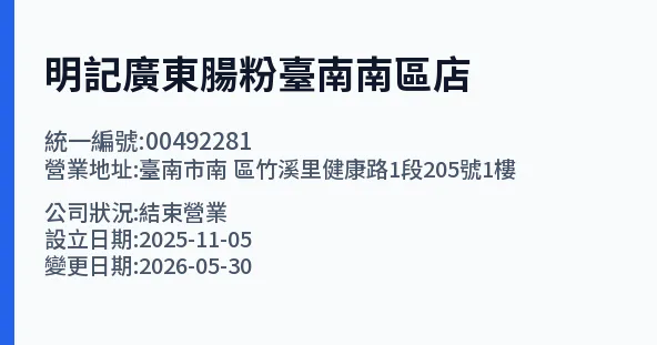 明記廣東腸粉臺南南區店的照片-統編 00492281(臺南市) 公司登記資料與營業項目詳細圖表