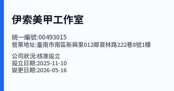 伊索美甲工作室的照片-統編 00493015(臺南市) 公司登記資料與營業項目詳細圖表