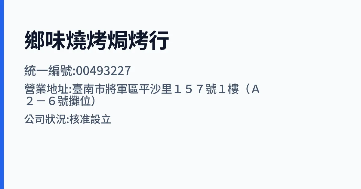 鄉味燒烤焗烤行 - 統編 00493227(臺南市) 公司登記資料與營業項目詳細圖表