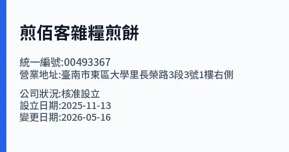 煎佰客雜糧煎餅的照片-統編 00493367(臺南市) 公司登記資料與營業項目詳細圖表